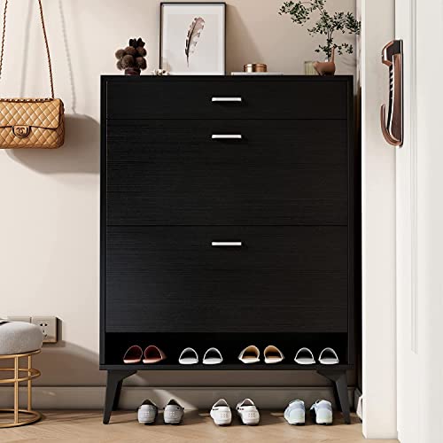 pazezog Shoe Storage Cabinet for Entryway, Shoe Cabinet with 2 Flip Drawers and 1 Storage Drawer, Freestanding Shoe Rack Storage Organizer with Adjustable Shelf for Entryway (Black)