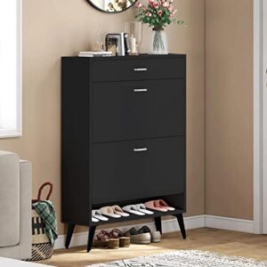 pazezog Shoe Storage Cabinet for Entryway, Shoe Cabinet with 2 Flip Drawers and 1 Storage Drawer, Freestanding Shoe Rack Storage Organizer with Adjustable Shelf for Entryway (Black)