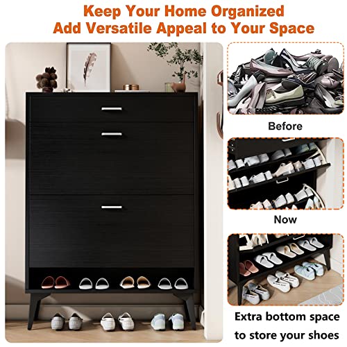 pazezog Shoe Storage Cabinet for Entryway, Shoe Cabinet with 2 Flip Drawers and 1 Storage Drawer, Freestanding Shoe Rack Storage Organizer with Adjustable Shelf for Entryway (Black)