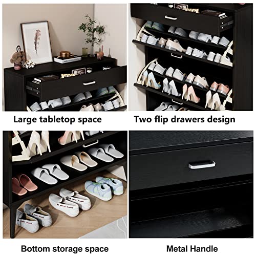 pazezog Shoe Storage Cabinet for Entryway, Shoe Cabinet with 2 Flip Drawers and 1 Storage Drawer, Freestanding Shoe Rack Storage Organizer with Adjustable Shelf for Entryway (Black)