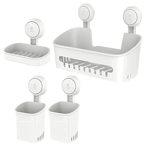 LEVERLOC Shower Caddy & Soap Holder & Two Toothbrush Holder One Second Installation NO-Drilling Removable Bathroom Organizer Set Powerful Heavy Duty Waterproof