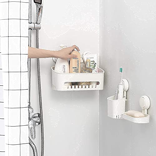 LEVERLOC Shower Caddy & Soap Holder & Two Toothbrush Holder One Second Installation NO-Drilling Removable Bathroom Organizer Set Powerful Heavy Duty Waterproof