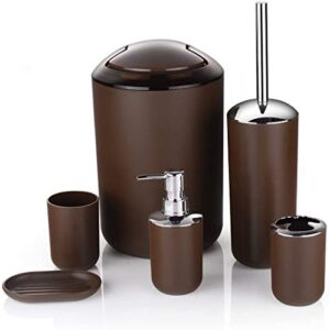 6 pcs plastic bathroom accessory set luxury bath accessories bath set lotion bottles, toothbrush holder, tooth mug, soap dish, toilet brush, trash can, rubbish bin (brown)