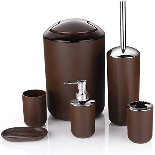 6 Pcs Plastic Bathroom Accessory Set Luxury Bath Accessories Bath Set Lotion Bottles, Toothbrush Holder, Tooth Mug, Soap Dish, Toilet Brush, Trash Can, Rubbish Bin (Brown)