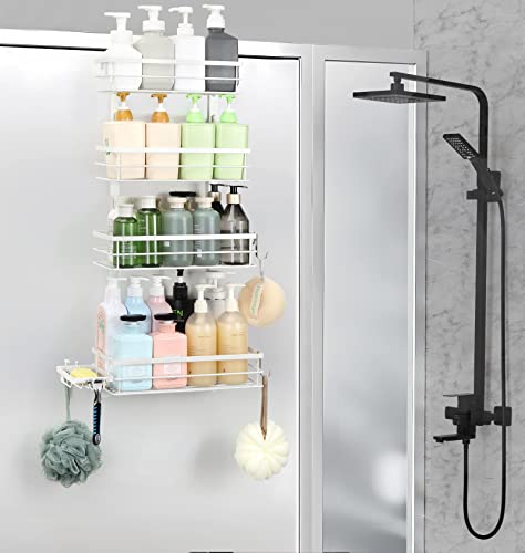 melos White Over The Door Shower Caddy, 4 Tier 29inch Height Adjustable over the door shower organizer Hanging Bathroom Shelf with Soap Holder, No Drilling