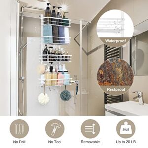 melos White Over The Door Shower Caddy, 4 Tier 29inch Height Adjustable over the door shower organizer Hanging Bathroom Shelf with Soap Holder, No Drilling