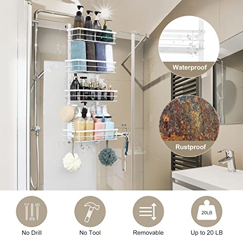 melos White Over The Door Shower Caddy, 4 Tier 29inch Height Adjustable over the door shower organizer Hanging Bathroom Shelf with Soap Holder, No Drilling