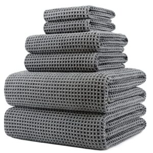 polyte oversize, 60 x 30 in, quick dry lint free microfiber bath towel set, 6 piece (gray, waffle weave)