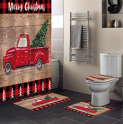 4 Pcs Shower Curtain Sets with Non-Slip Rugs, Toilet Lid Cover, Bath Mat Merry Christmas Red Truck Pull Xmas Tree on Retro Wooden Board Bathroom Decor Waterproof Shower Curtain with 12 Hooks