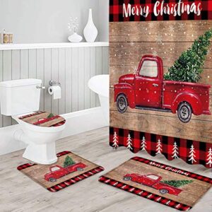 4 Pcs Shower Curtain Sets with Non-Slip Rugs, Toilet Lid Cover, Bath Mat Merry Christmas Red Truck Pull Xmas Tree on Retro Wooden Board Bathroom Decor Waterproof Shower Curtain with 12 Hooks