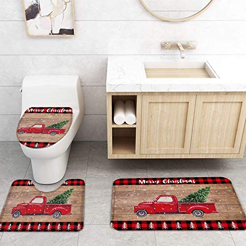 4 Pcs Shower Curtain Sets with Non-Slip Rugs, Toilet Lid Cover, Bath Mat Merry Christmas Red Truck Pull Xmas Tree on Retro Wooden Board Bathroom Decor Waterproof Shower Curtain with 12 Hooks