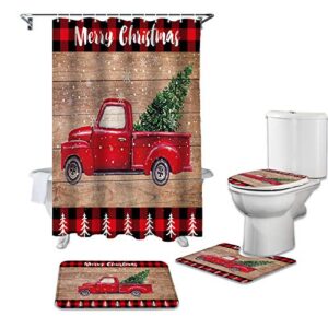 4 Pcs Shower Curtain Sets with Non-Slip Rugs, Toilet Lid Cover, Bath Mat Merry Christmas Red Truck Pull Xmas Tree on Retro Wooden Board Bathroom Decor Waterproof Shower Curtain with 12 Hooks