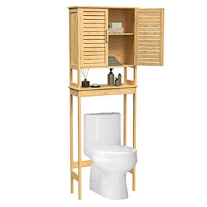 SONGMICS Over-The-Toilet Storage, Bathroom Cabinet with Adjustable Inside Shelf and Bottom Stabilizer Bar, Space-Saving Toilet Rack, Natural UBTS010N01