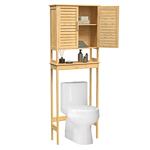 SONGMICS Over-The-Toilet Storage, Bathroom Cabinet with Adjustable Inside Shelf and Bottom Stabilizer Bar, Space-Saving Toilet Rack, Natural UBTS010N01