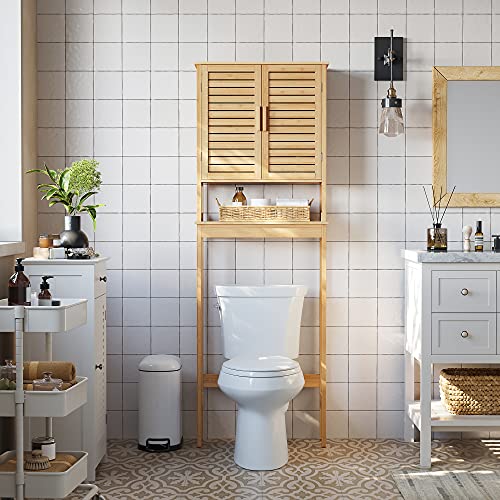 SONGMICS Over-The-Toilet Storage, Bathroom Cabinet with Adjustable Inside Shelf and Bottom Stabilizer Bar, Space-Saving Toilet Rack, Natural UBTS010N01