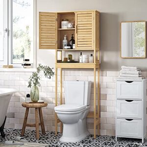 SONGMICS Over-The-Toilet Storage, Bathroom Cabinet with Adjustable Inside Shelf and Bottom Stabilizer Bar, Space-Saving Toilet Rack, Natural UBTS010N01