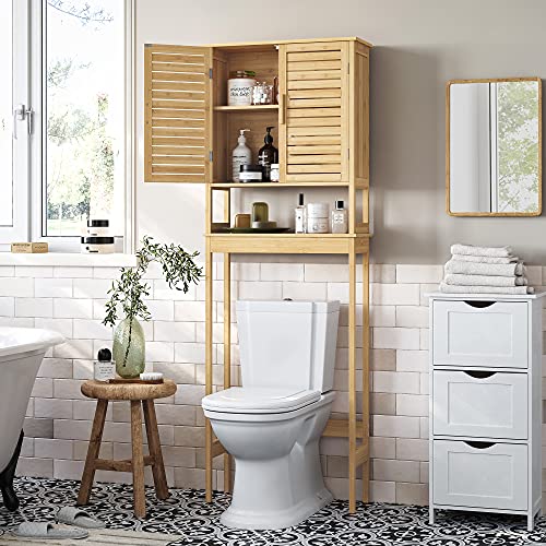 SONGMICS Over-The-Toilet Storage, Bathroom Cabinet with Adjustable Inside Shelf and Bottom Stabilizer Bar, Space-Saving Toilet Rack, Natural UBTS010N01