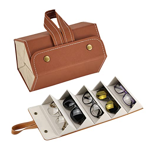 ORWCEZUE Sunglasses Organizer Box with 5 Slots, Foldable Travel Glasses Case Storage Eyewear Holder Hanging Sunglasses Display Box (5 Slots, Brown)