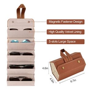 ORWCEZUE Sunglasses Organizer Box with 5 Slots, Foldable Travel Glasses Case Storage Eyewear Holder Hanging Sunglasses Display Box (5 Slots, Brown)