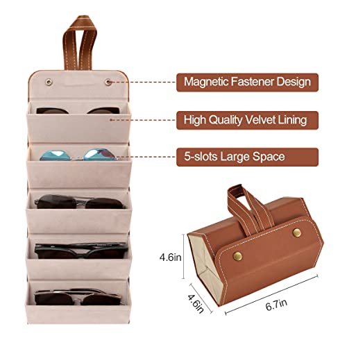 ORWCEZUE Sunglasses Organizer Box with 5 Slots, Foldable Travel Glasses Case Storage Eyewear Holder Hanging Sunglasses Display Box (5 Slots, Brown)