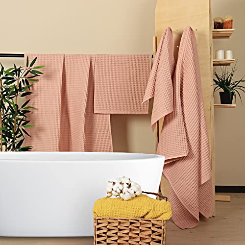 Puskul - Honeycomb Towel Set - Bath Towel Set - 2 Waffle Bath Towel - 2 Waffle Hand Towel - 100% Turkish Cotton - Luxury (Pink)