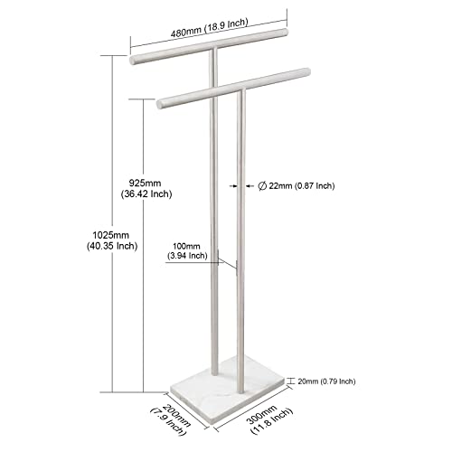 EADOT 40 Inches Standing Towel Rack Double-T Shape Bath Towel Sheet Holder with Marble Design Base for Bathroom Floor Next to Tub or Shower Towel Holder Stand SUS304 (Brushed Nickel)