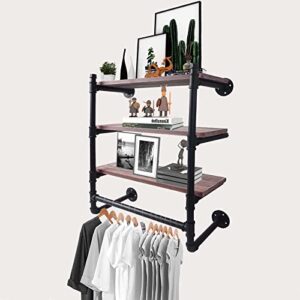 lesolar industrial pipe clothing rack wall mounted with top shelf,3-tier rustic retail garment rack display rack,pipe shelving floating shelves wall shelf,24in steam punk commercial clothes racks