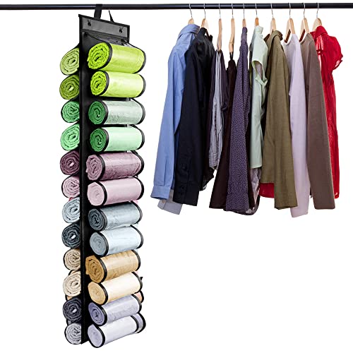 Legging Storage Bag,Foldable Leggings Organizer,Clothes Closets Roll Holder,Storage Hanger Can Holds 24 Leggings or Shirts Jeans Compartment Storage Hanger (Black)