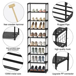 MBOSS 9 Tiers Tall Narrow Shoe Rack for Entryway, 18-20 Pair Shoes Vertical Shoe Rack and Space-Saving Stackable,Shoe Rack Storage Organizer with Hooks for Living Closet, Garage, Bedroom,Cloakroom