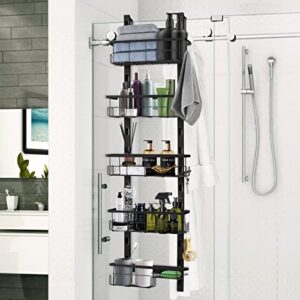 auropeak shower caddy over the door, hanging shower organizer rustproof no drilling, adjustable over the shower door caddy storage rack with 5-tier shelf baskets, soap holder, towel hooks for bathroom