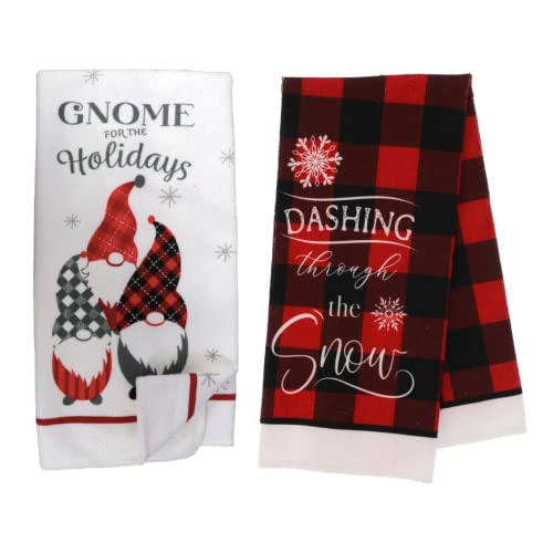 Custom Bundle Christmas Decorative Microfiber Kitchen Dish Towels - Buffalo Red & Black Plaid for Holiday Bathroom Hand Towel Set of 2 (Gnome)