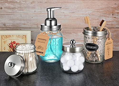 Amolliar 4pcs & 4pcs Brushed Nickel Mason Jar Bathroom Accessories Set - 2 Foaming Soap Dispenser&2 Qtip Holders&2 Cotton Swab Holder&2 Toothbrush Holder-Rustic Farmhouse Decor