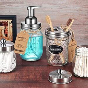 Amolliar 4pcs & 4pcs Brushed Nickel Mason Jar Bathroom Accessories Set - 2 Foaming Soap Dispenser&2 Qtip Holders&2 Cotton Swab Holder&2 Toothbrush Holder-Rustic Farmhouse Decor