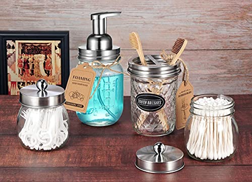 Amolliar 4pcs & 4pcs Brushed Nickel Mason Jar Bathroom Accessories Set - 2 Foaming Soap Dispenser&2 Qtip Holders&2 Cotton Swab Holder&2 Toothbrush Holder-Rustic Farmhouse Decor