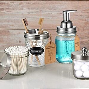 Amolliar 4pcs & 4pcs Brushed Nickel Mason Jar Bathroom Accessories Set - 2 Foaming Soap Dispenser&2 Qtip Holders&2 Cotton Swab Holder&2 Toothbrush Holder-Rustic Farmhouse Decor