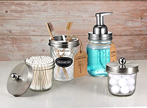 Amolliar 4pcs & 4pcs Brushed Nickel Mason Jar Bathroom Accessories Set - 2 Foaming Soap Dispenser&2 Qtip Holders&2 Cotton Swab Holder&2 Toothbrush Holder-Rustic Farmhouse Decor