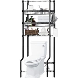 folews bathroom organizer over the toilet storage, 4-tier bathroom shelves over toilet shelf above toilet storage rack freestanding bathroom space saver with adjustable shelves and baskets, black