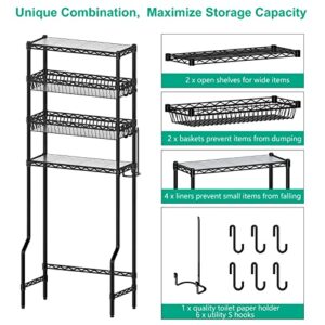 Folews Bathroom Organizer Over The Toilet Storage, 4-Tier Bathroom Shelves Over Toilet Shelf Above Toilet Storage Rack Freestanding Bathroom Space Saver with Adjustable Shelves and Baskets, Black