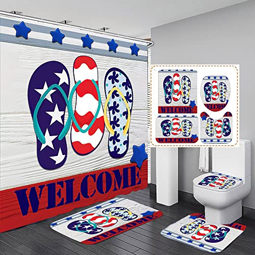 HEDYBARD 4 Pcs Red Blue Star Shower Curtain Set, Beach Themed Art Print of US Flag with Shower Curtain, Non-Slip Soft Flannel Rugs, Toilet Lid Cover, Bath Mat and 12 Hooks for Home Decorations