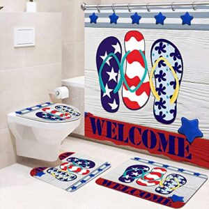 HEDYBARD 4 Pcs Red Blue Star Shower Curtain Set, Beach Themed Art Print of US Flag with Shower Curtain, Non-Slip Soft Flannel Rugs, Toilet Lid Cover, Bath Mat and 12 Hooks for Home Decorations