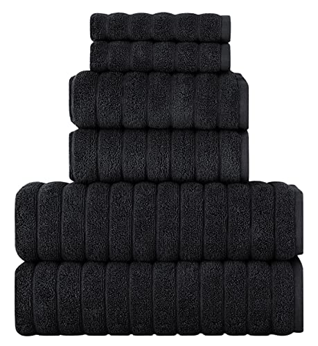 Classic Turkish Towels - Luxury Ribbed Towel Set for Bathroom, 100% Turkish Cotton, Quick Dry, Soft and Absorbent Bath, Hand, and Fingertip Towels, Brampton Collection - 6-Piece Set (Black)