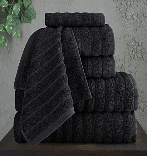 Classic Turkish Towels - Luxury Ribbed Towel Set for Bathroom, 100% Turkish Cotton, Quick Dry, Soft and Absorbent Bath, Hand, and Fingertip Towels, Brampton Collection - 6-Piece Set (Black)