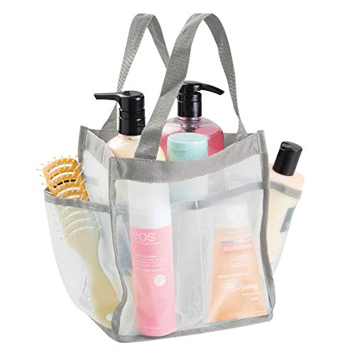 iDesign Water Resistant Nylon/Mesh Shower Tote Bag with Handles - 8.5" x 5.88" x 9.25", White/Gray