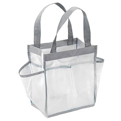 iDesign Water Resistant Nylon/Mesh Shower Tote Bag with Handles - 8.5" x 5.88" x 9.25", White/Gray