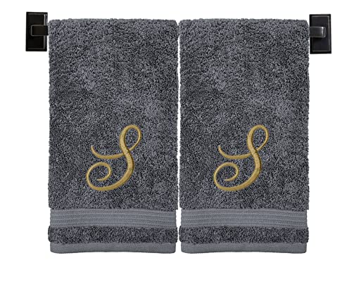 Custom Luxury Towels Monogrammed Hand Towels - Set of 2 - Genuine Turkish Cotton - Oeko-Tex Certified - Embroidered Gold Thread Script Monogram - Personalized Towels - Bathroom Hand Towels