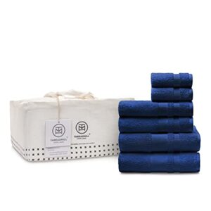 Threadmill 100% Cotton Luxury Bathroom Towels Set of 6-600 GSM Folkstone Blue Ultra Soft Towel Set with 2 Super Absorbent Bath Towels, 2 Hand Towels, 2 Wash Towels - Quick Drying Shower Towels