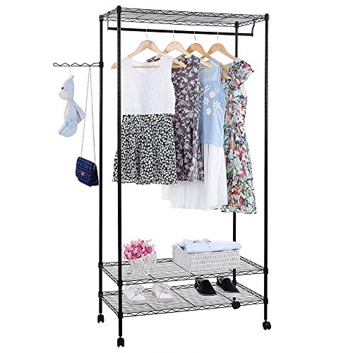 Knocbel Garment Rolling Rack Large Heavy Duty Closet Organizer with Adjustable Hanging Rod Shelf & Lockable Wheels, Black (2-Shelf (36x 18x H71) inch)