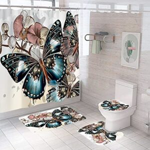 ujoyen 4 pcs monarch butterflies shower curtain set with non-slip rugs, toilet lid cover and bath mat colorful floral with butterflies shower curtain bathroom decor with hooks turquoise-l