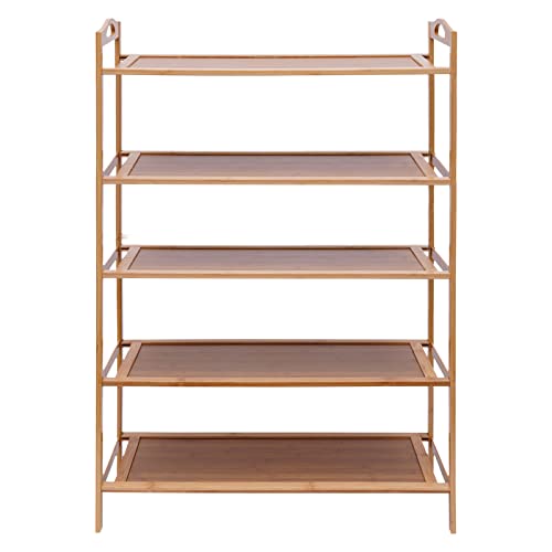 Bamboo 5-Tier Shoe Shelf, Free Standing Bamboo Shoe Rack Shoe Storage Organizer for Entryway Organizer, Hallway, Closet, Living Room, Balcony and Garage