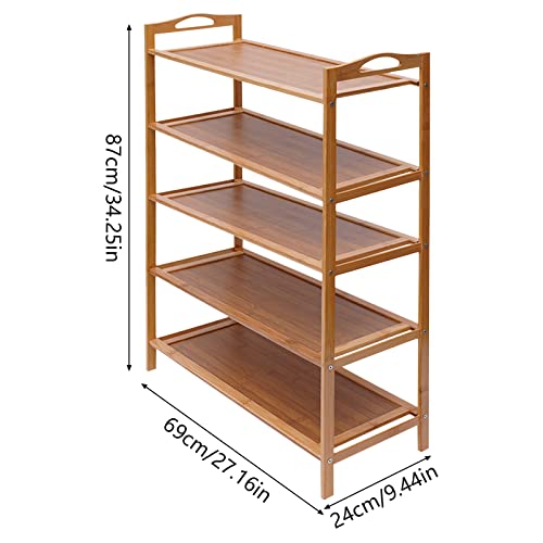 Bamboo 5-Tier Shoe Shelf, Free Standing Bamboo Shoe Rack Shoe Storage Organizer for Entryway Organizer, Hallway, Closet, Living Room, Balcony and Garage